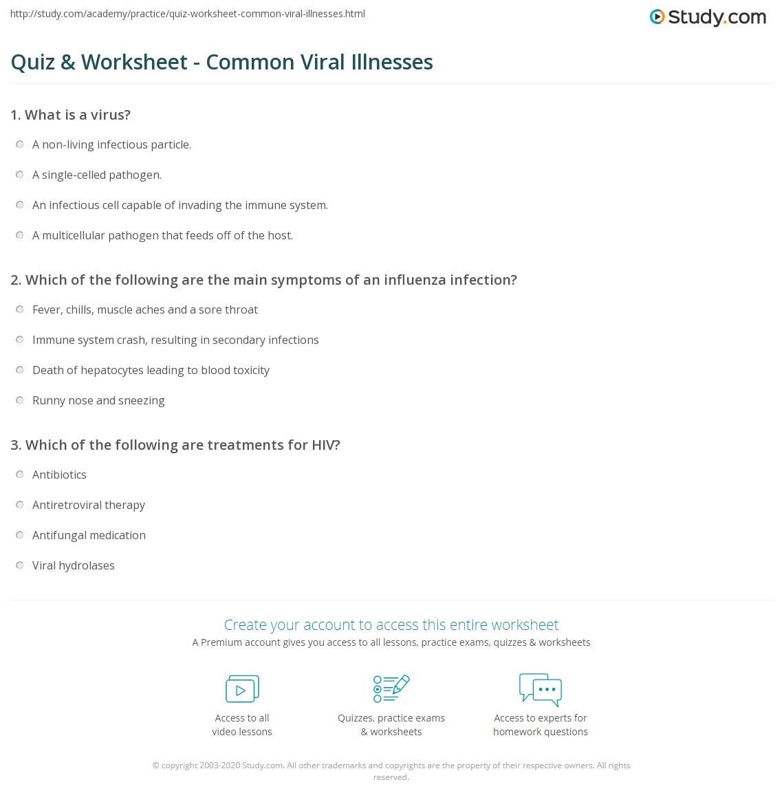 Quiz & Worksheet - Common Viral Illnesses | Study.com