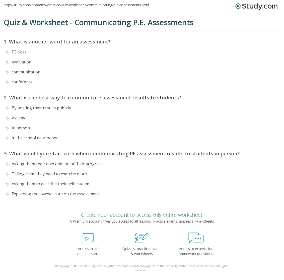 Quiz & Worksheet - Communicating P.E. Assessments | Study.com