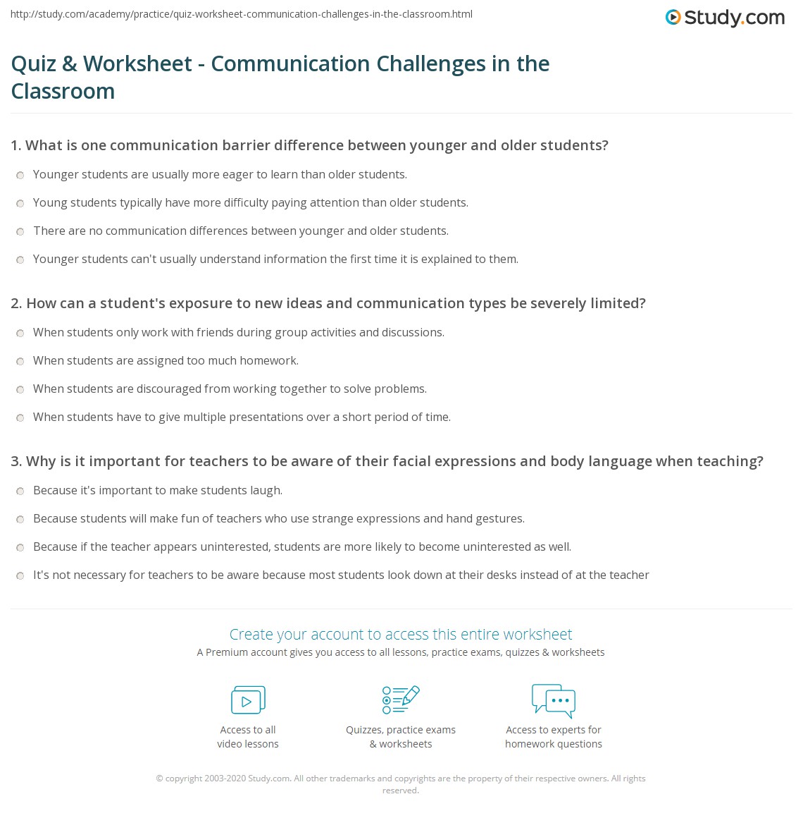 Quiz & Worksheet - Communication Challenges in the Classroom | Study.com