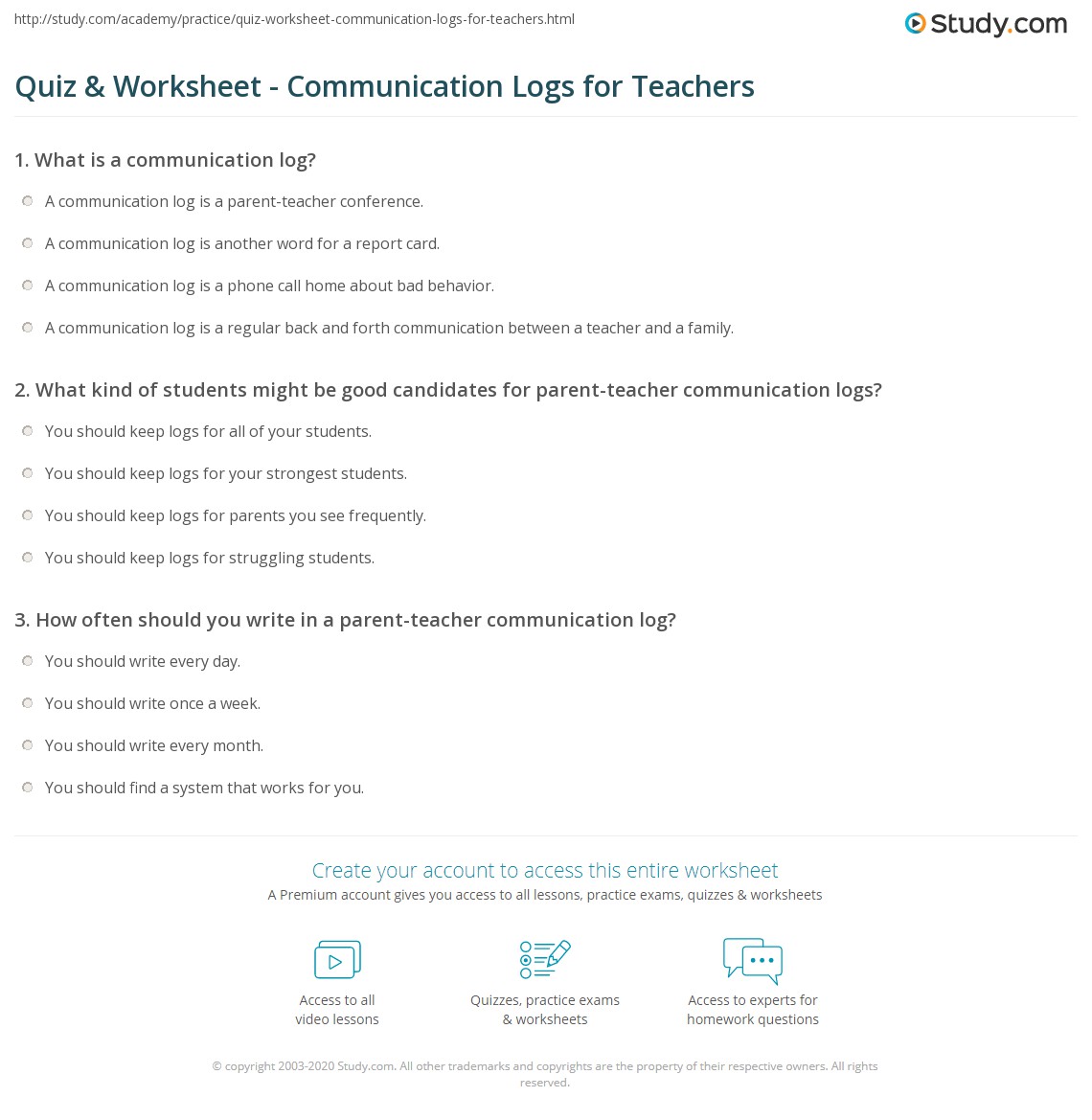 Quiz & Worksheet - Communication Logs for Teachers | Study.com