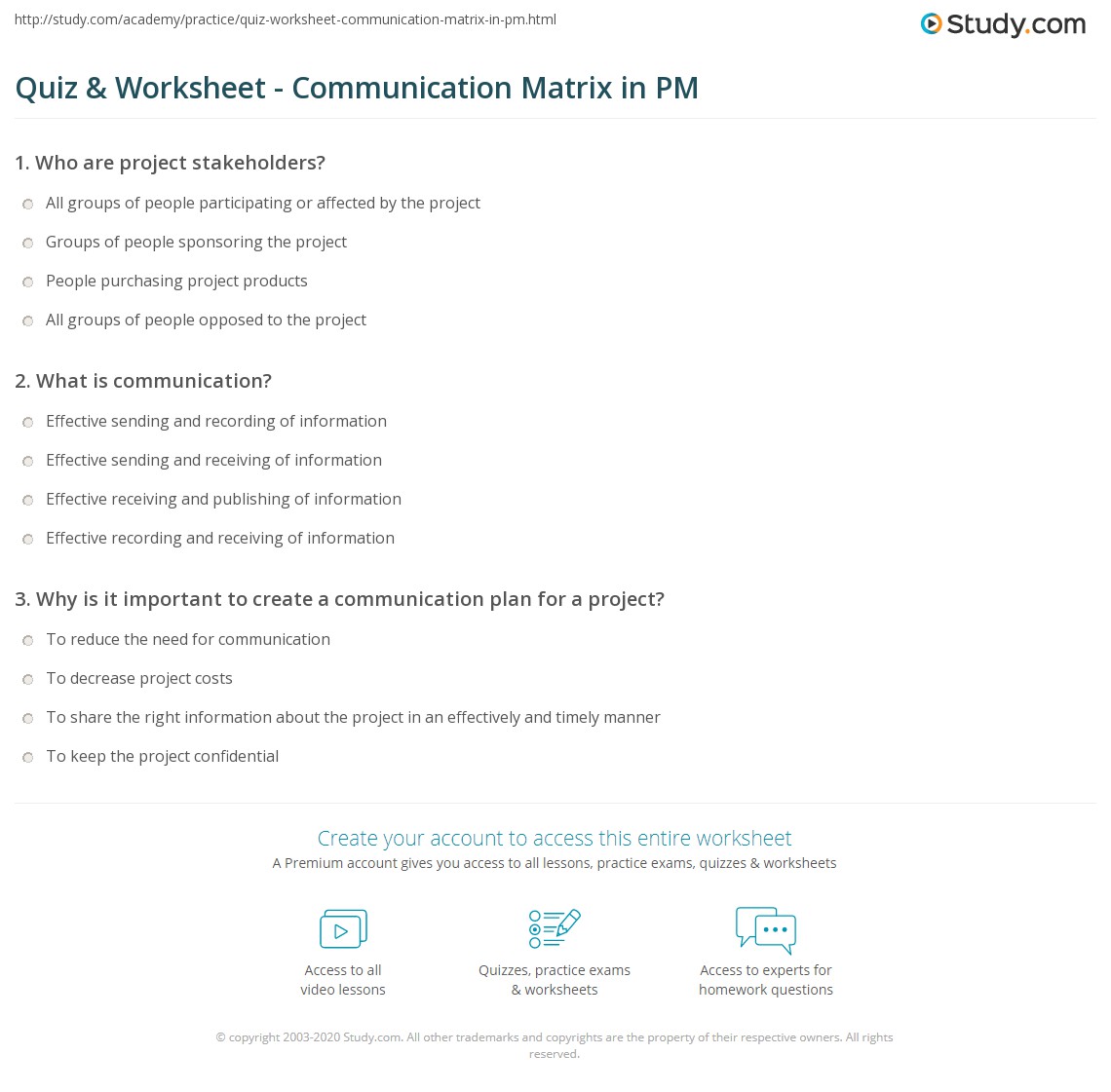 Quiz & Worksheet - Communication Matrix in PM | Study.com