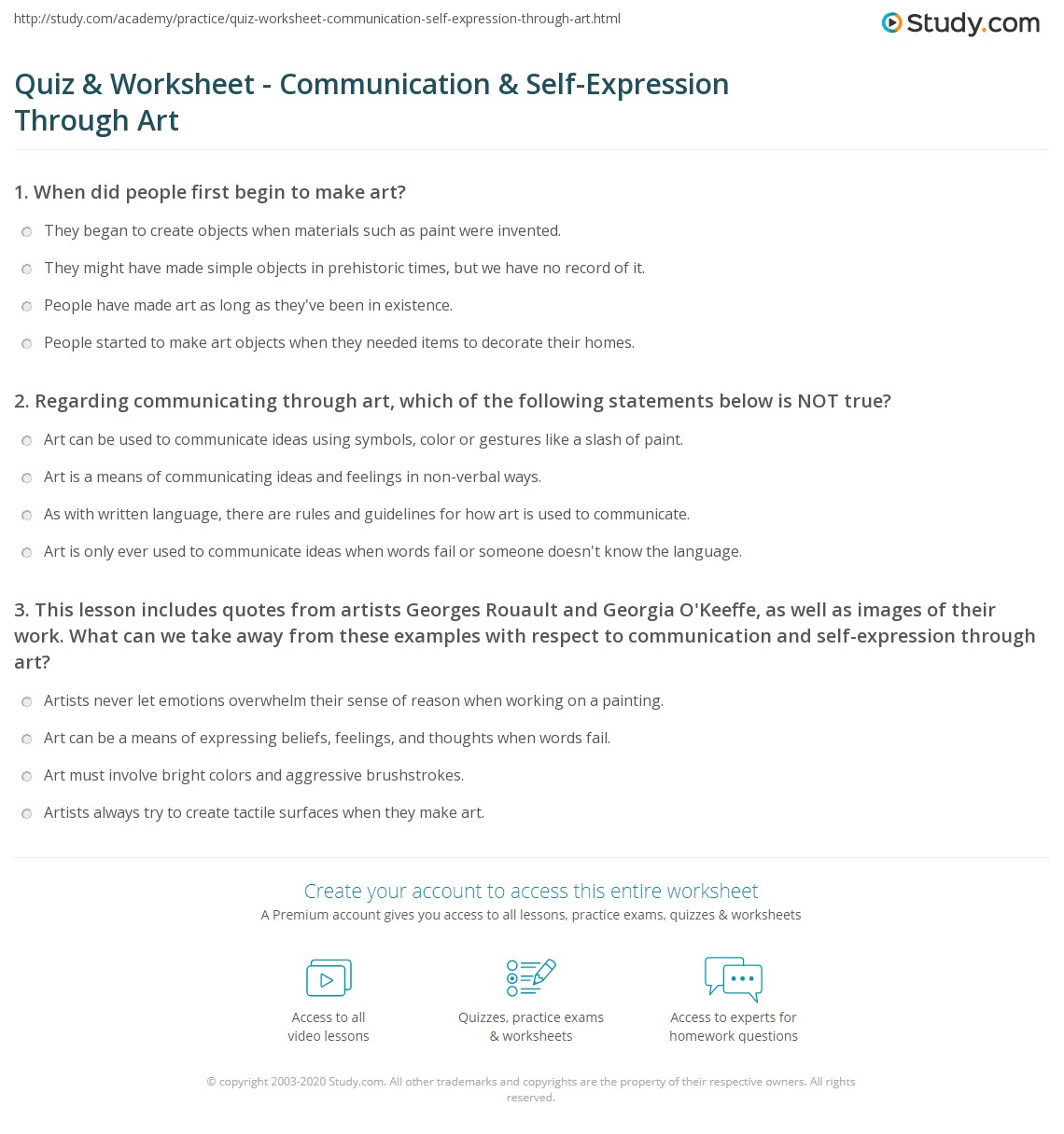 Quiz & Worksheet - Communication & Self-Expression Through Art | Study.com