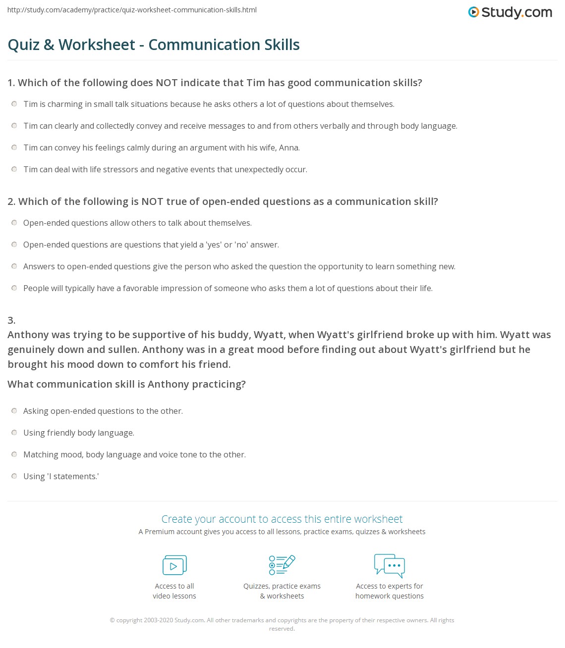 Quiz Worksheet Communication Skills Study Quiz Worksheet Communication Skills Study