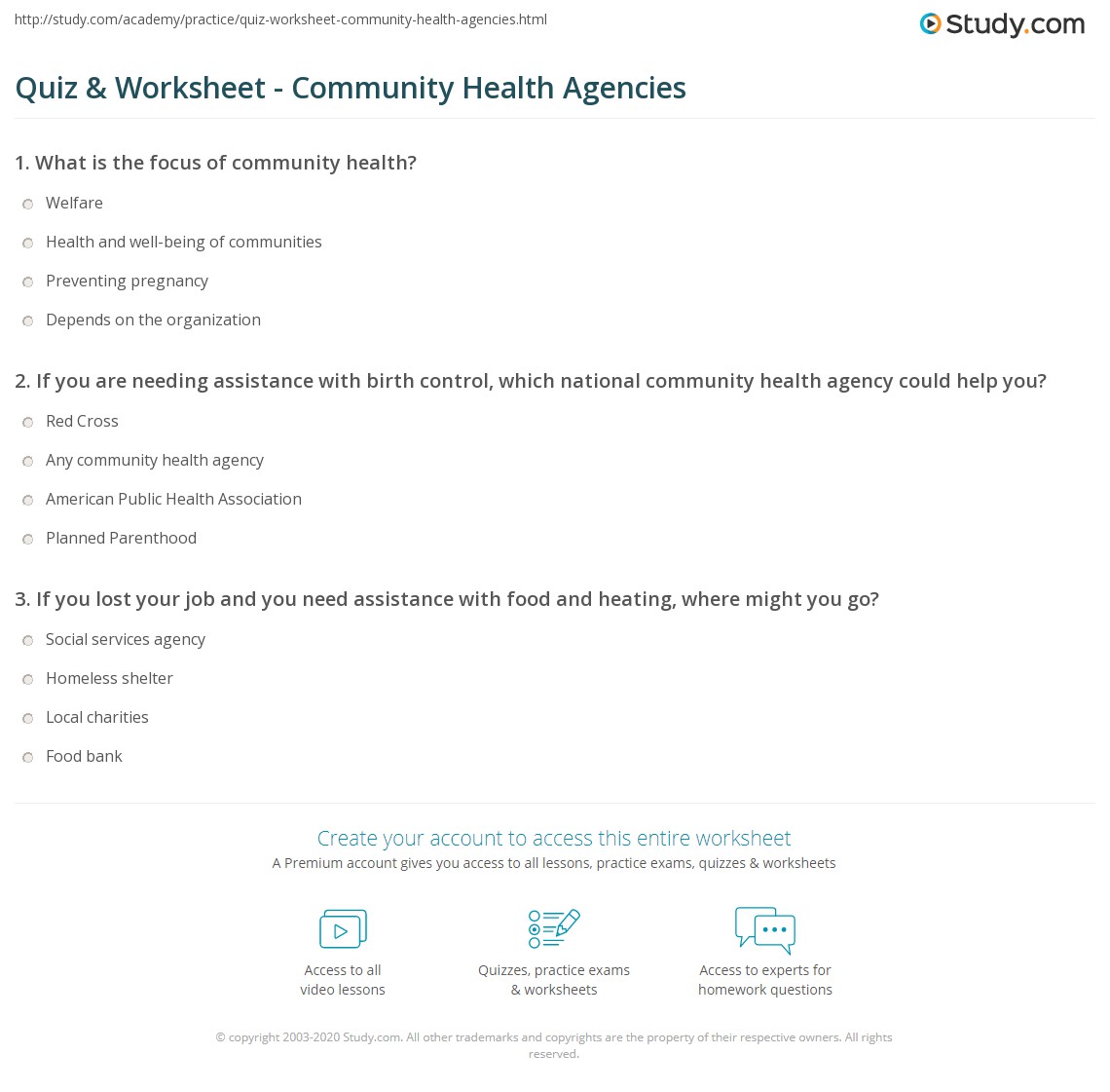 Quiz & Worksheet - Community Health Agencies | Study.com
