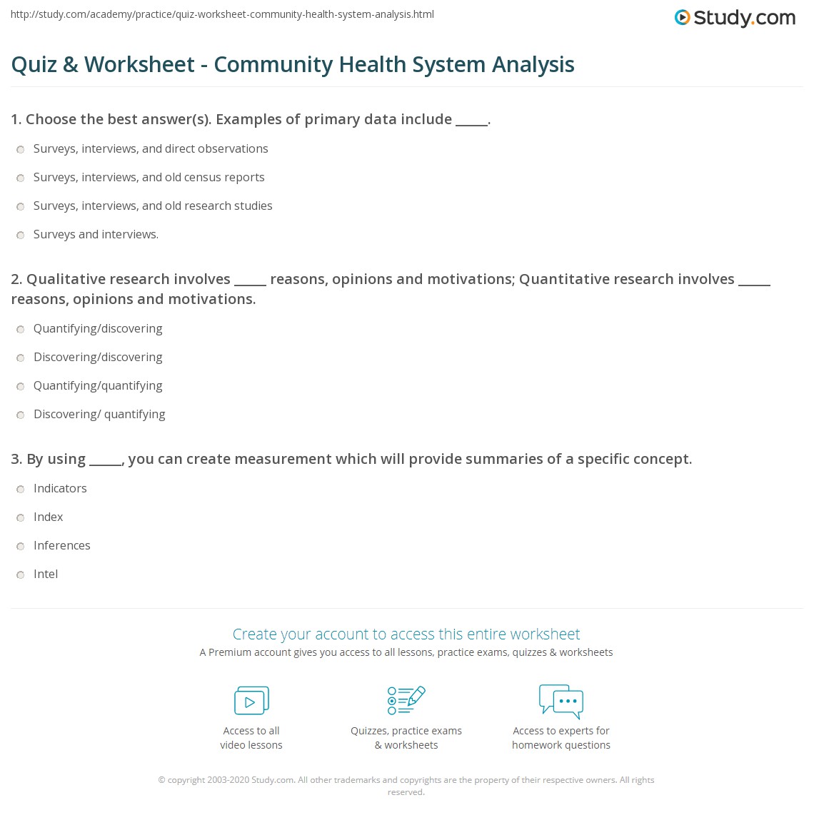 Quiz & Worksheet - Community Health System Analysis | Study.com