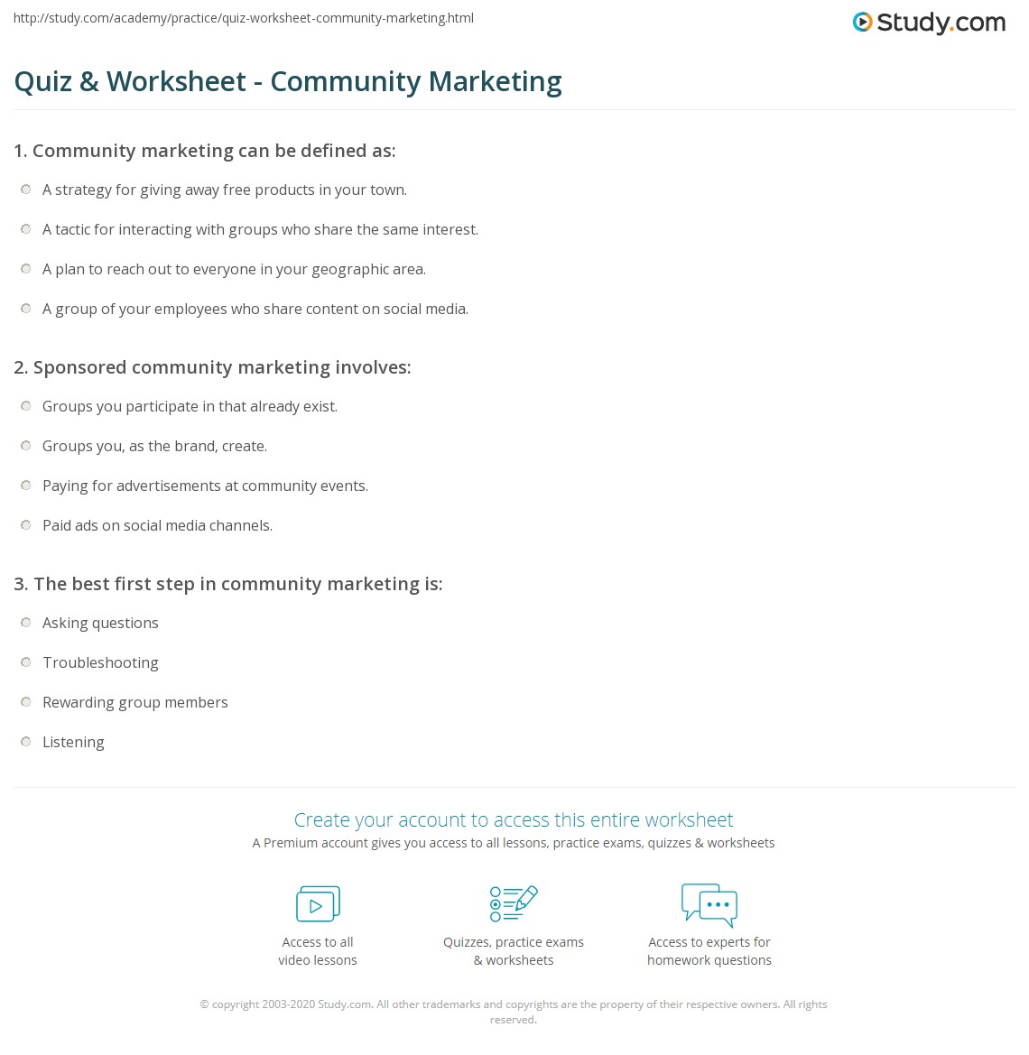 Quiz & Worksheet - Community Marketing | Study.com