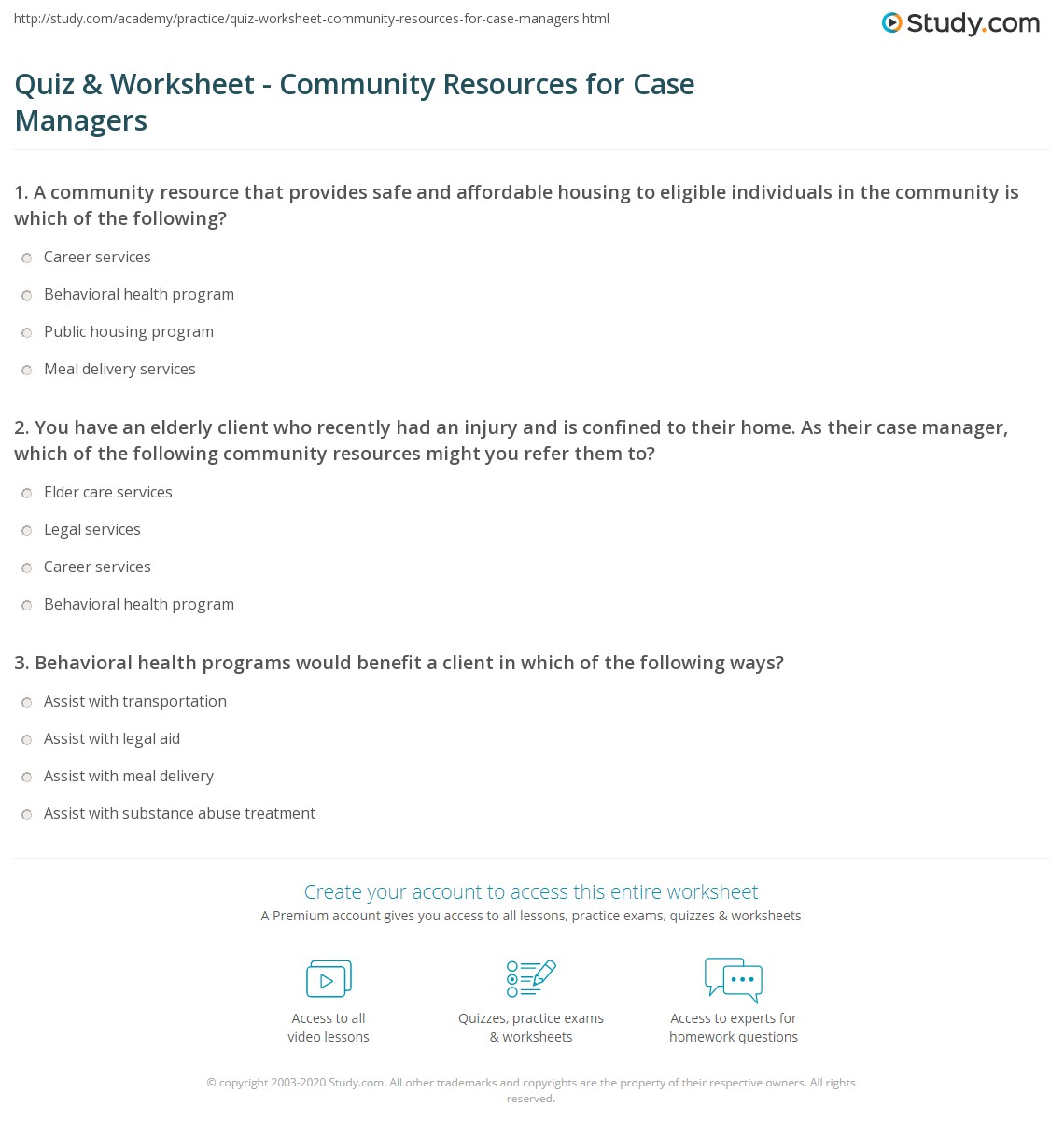 Quiz & Worksheet - Community Resources for Case Managers | Study.com