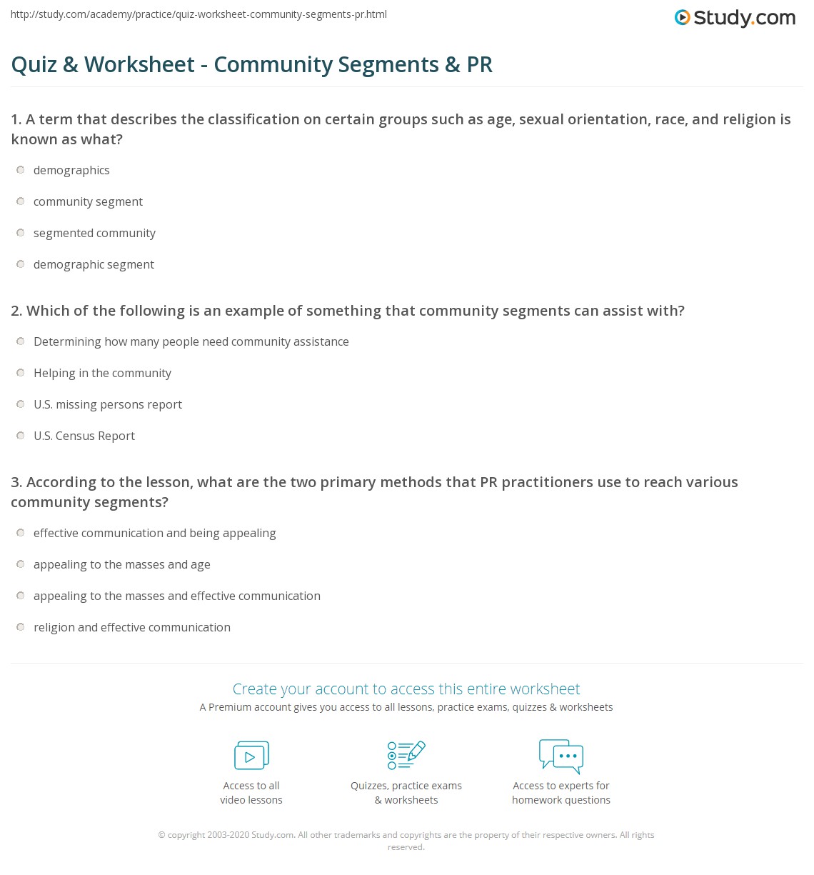 Quiz & Worksheet - Community Segments & PR | Study.com