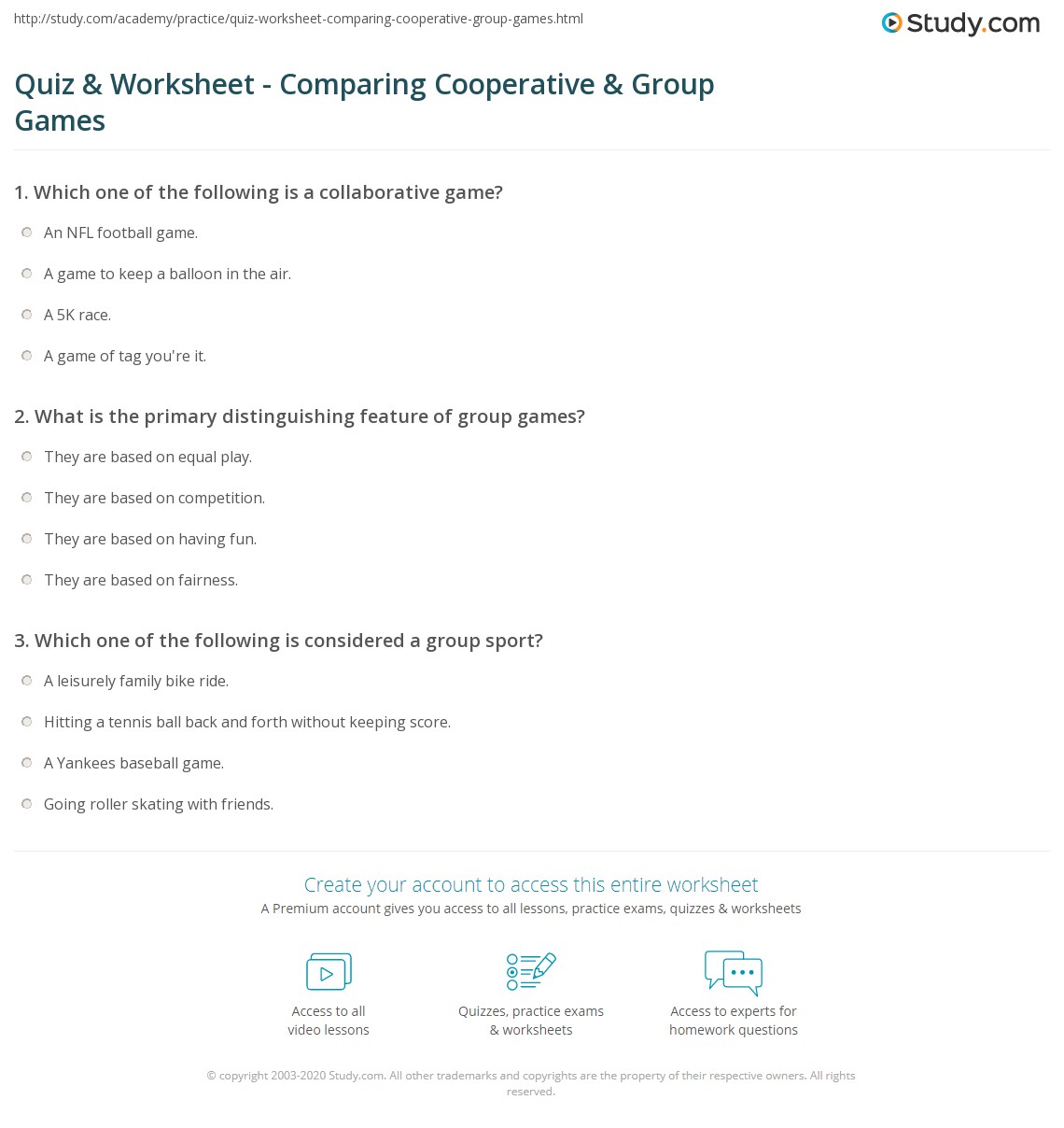 Quiz & Worksheet - Comparing Cooperative & Group Games | Study.com