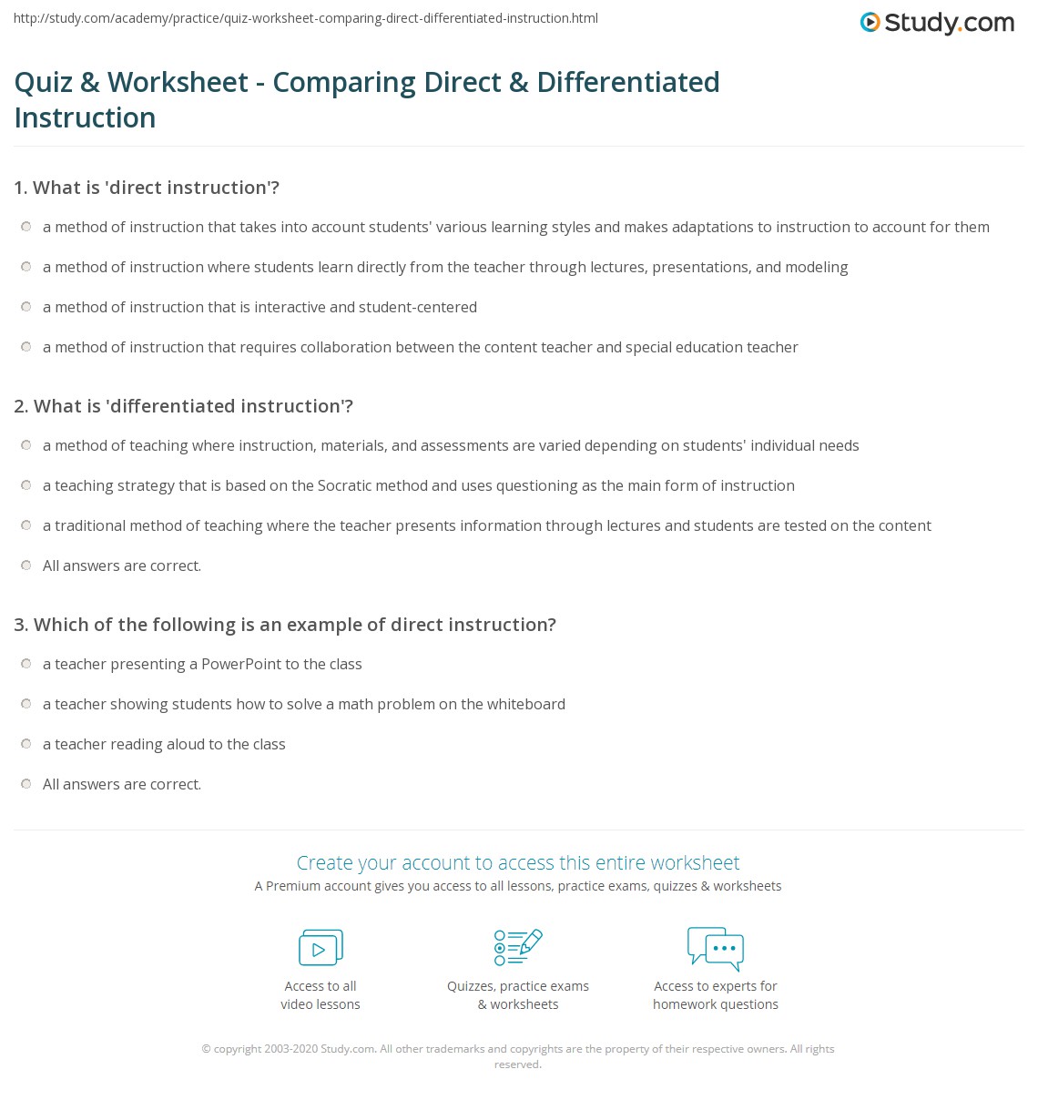 Quiz & Worksheet - Comparing Direct & Differentiated Instruction ...