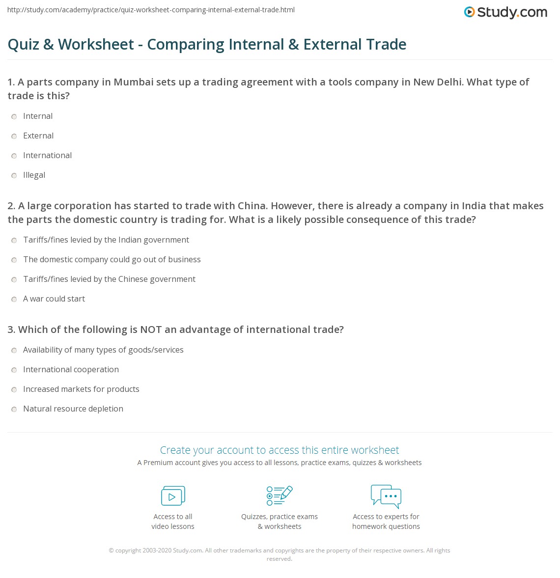 Quiz & Worksheet - Comparing Internal & External Trade | Study.com