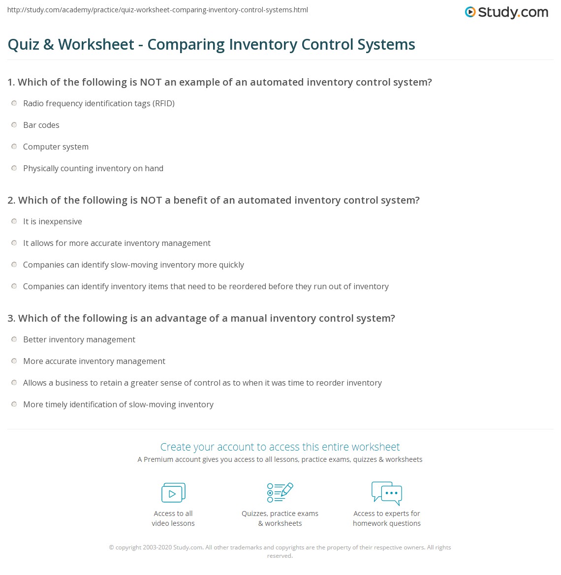 Quiz & Worksheet - Comparing Inventory Control Systems | Study.com