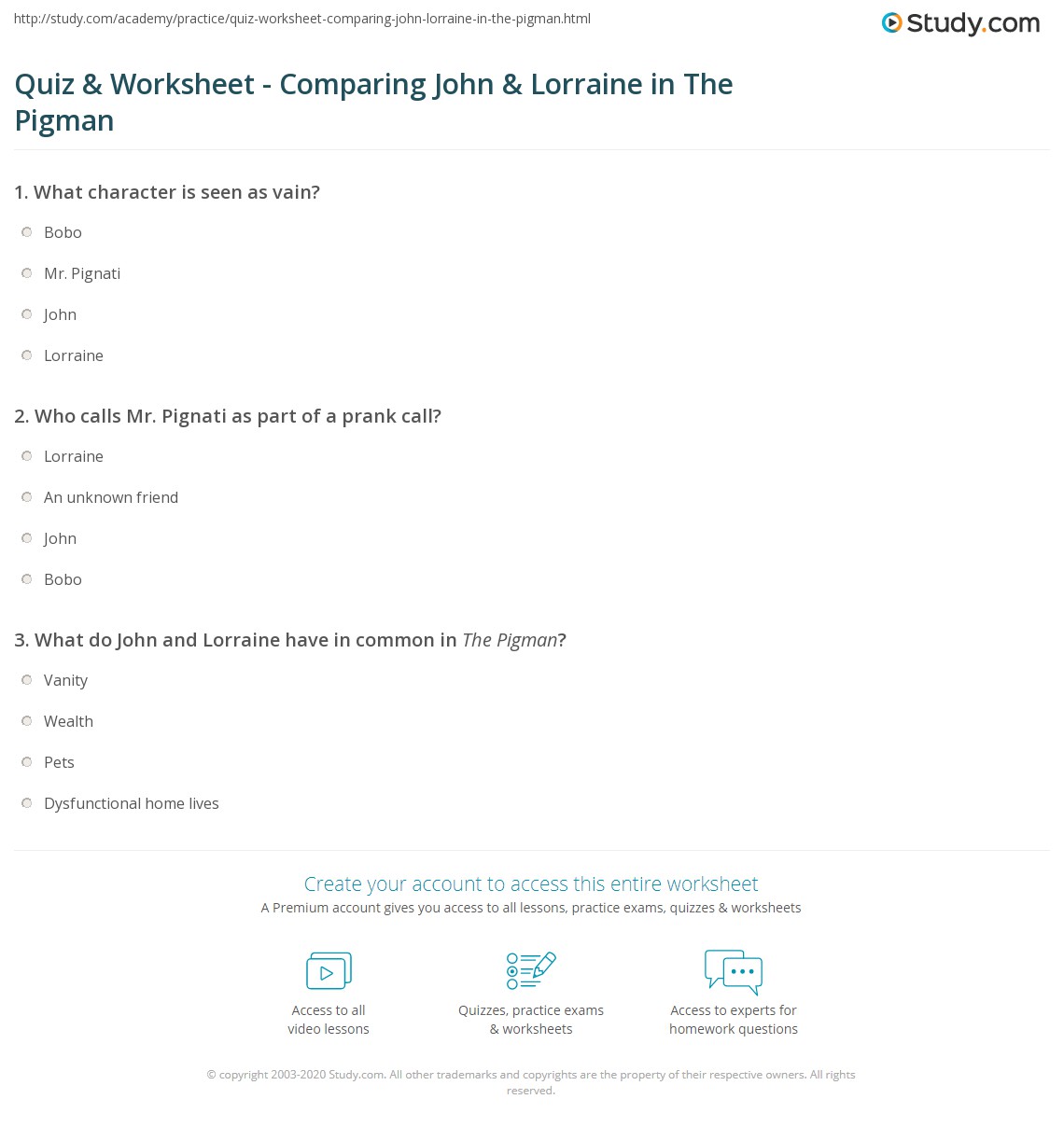 Quiz & Worksheet - Comparing John & Lorraine in The Pigman | Study.com