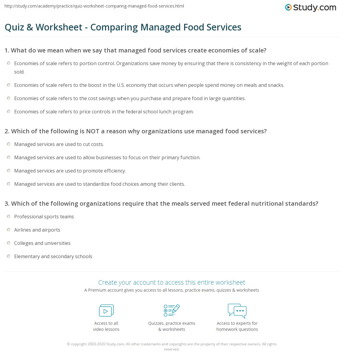 Quiz & Worksheet - Comparing Managed Food Services | Study.com