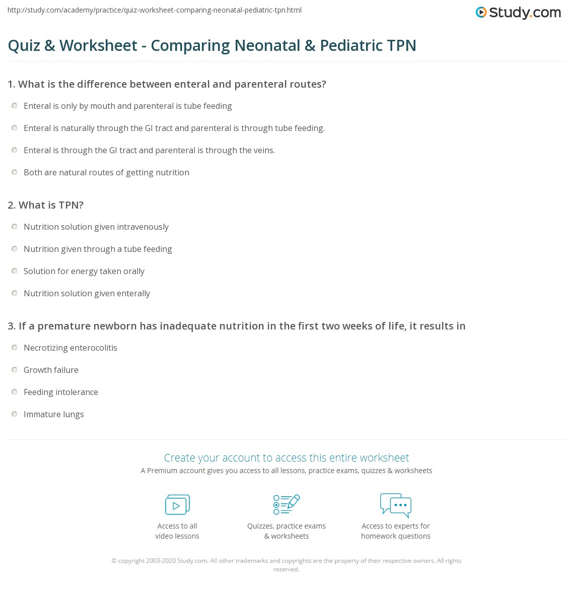 Quiz & Worksheet - Comparing Neonatal & Pediatric TPN | Study.com