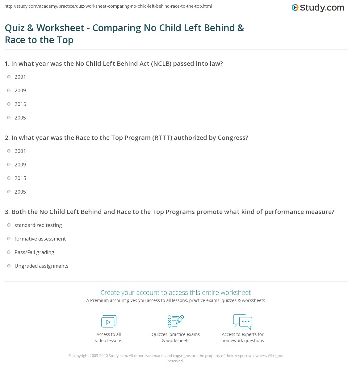 Quiz & Worksheet - Comparing No Child Left Behind & Race to the Top ...