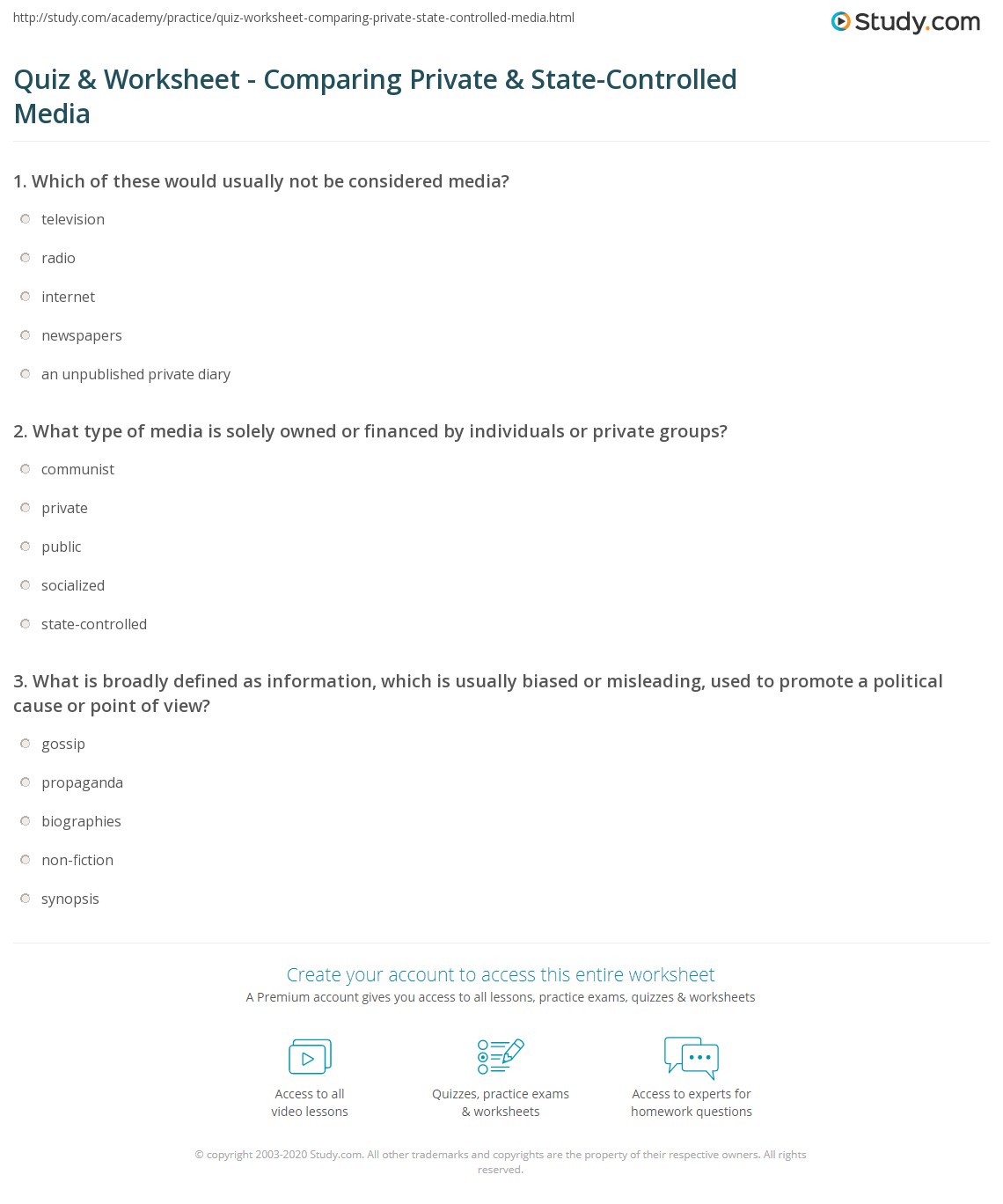 Quiz & Worksheet - Comparing Private & State-Controlled Media | Study.com