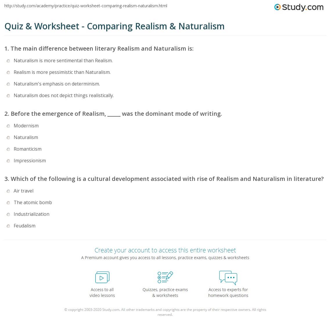 Quiz & Worksheet - Comparing Realism & Naturalism | Study.com