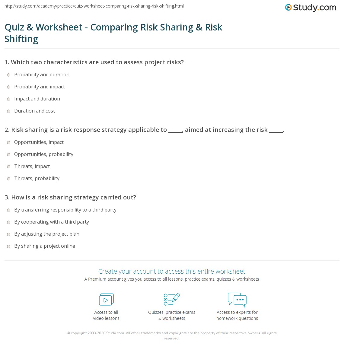 Quiz & Worksheet - Comparing Risk Sharing & Risk Shifting | Study.com