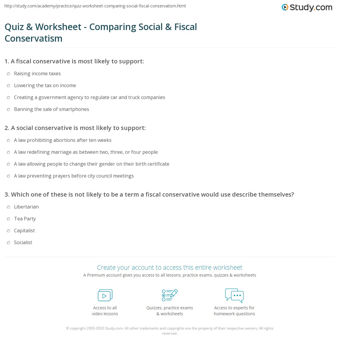 Quiz & Worksheet - Comparing Social & Fiscal Conservatism | Study.com