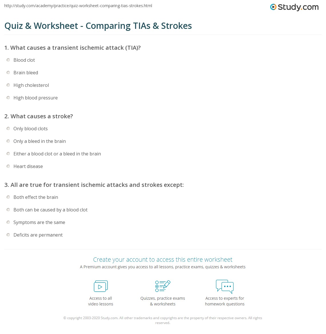 Quiz & Worksheet - Comparing TIAs & Strokes | Study.com