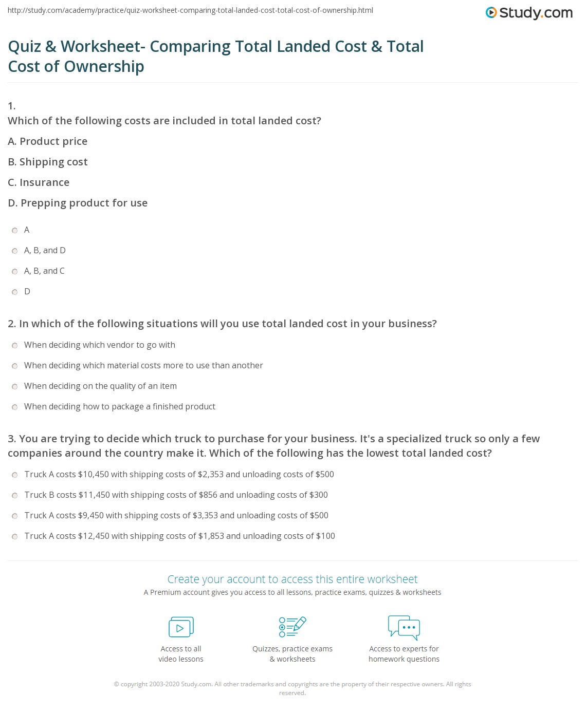 Quiz & Worksheet- Comparing Total Landed Cost & Total Cost of Ownership ...