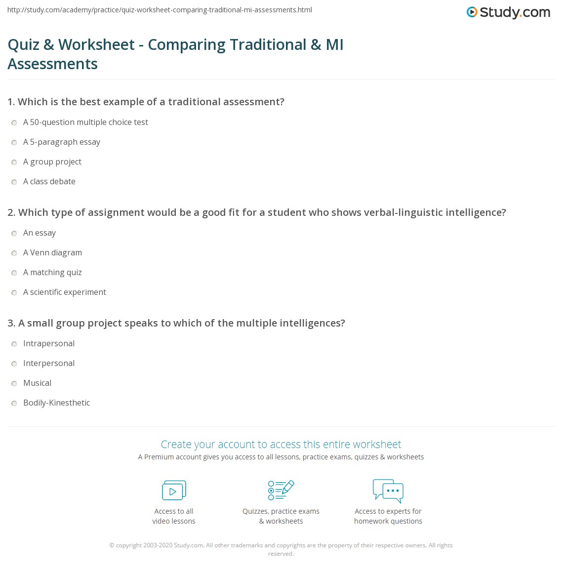 Quiz & Worksheet - Comparing Traditional & MI Assessments | Study.com