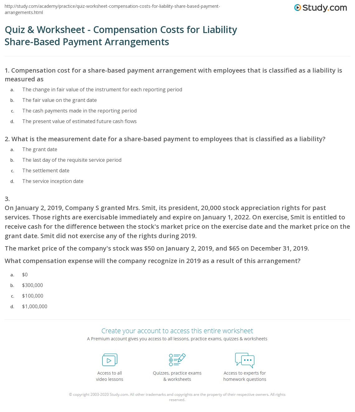 Quiz & Worksheet - Compensation Costs for Liability Share-Based Payment ...