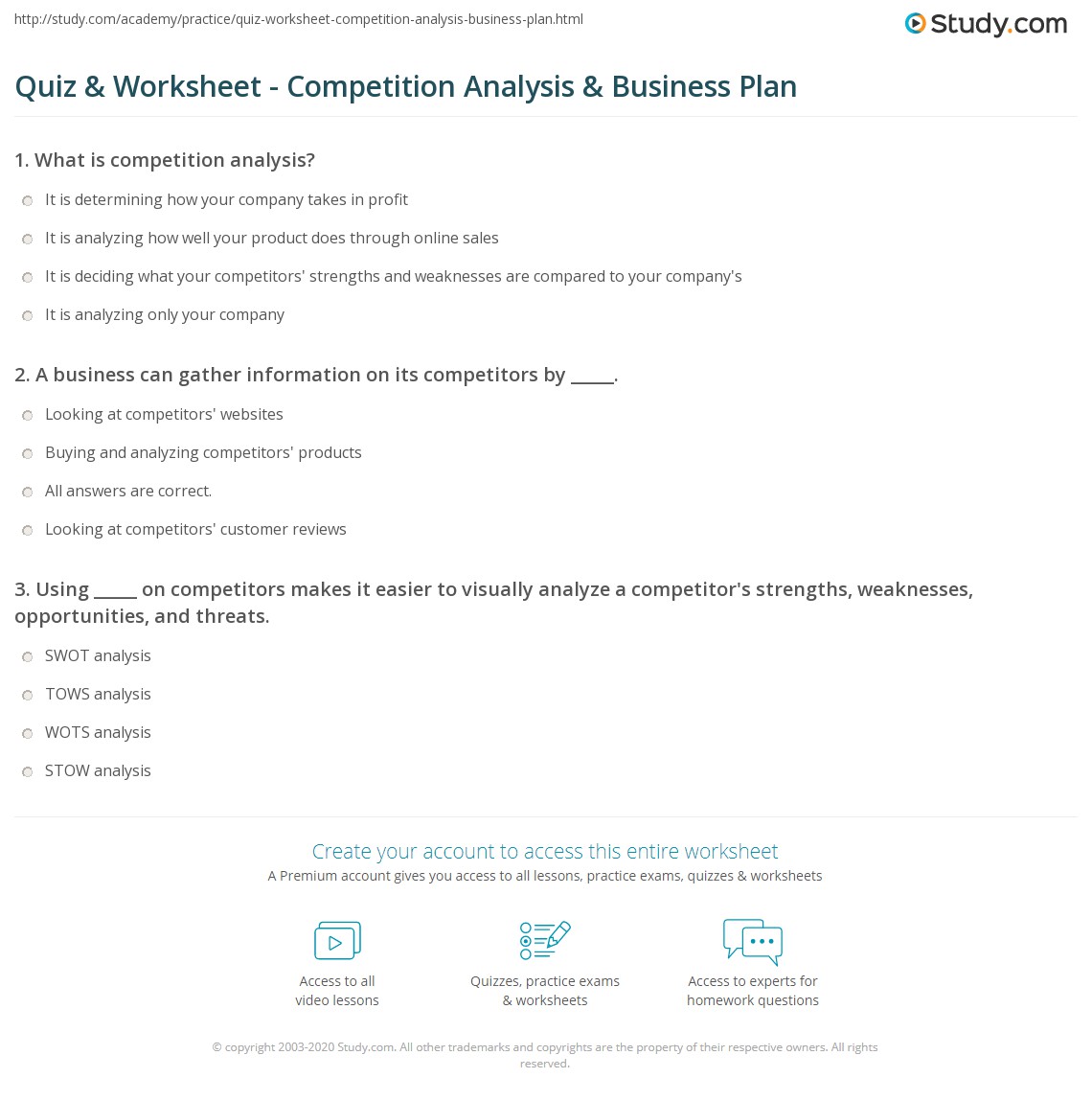 Quiz & Worksheet - Competition Analysis & Business Plan | Study.com