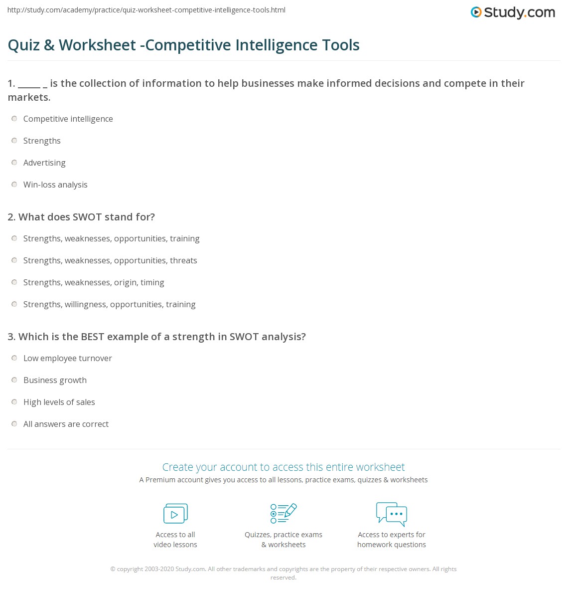 Quiz & Worksheet - Competitive Intelligence Tools | Study.com