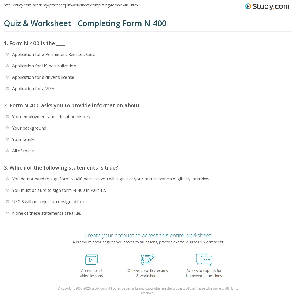 Quiz & Worksheet - Completing Form N-400 | Study.com