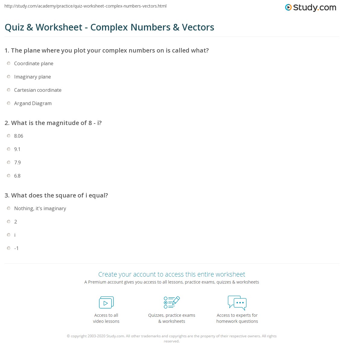Quiz & Worksheet - Complex Numbers & Vectors | Study.com