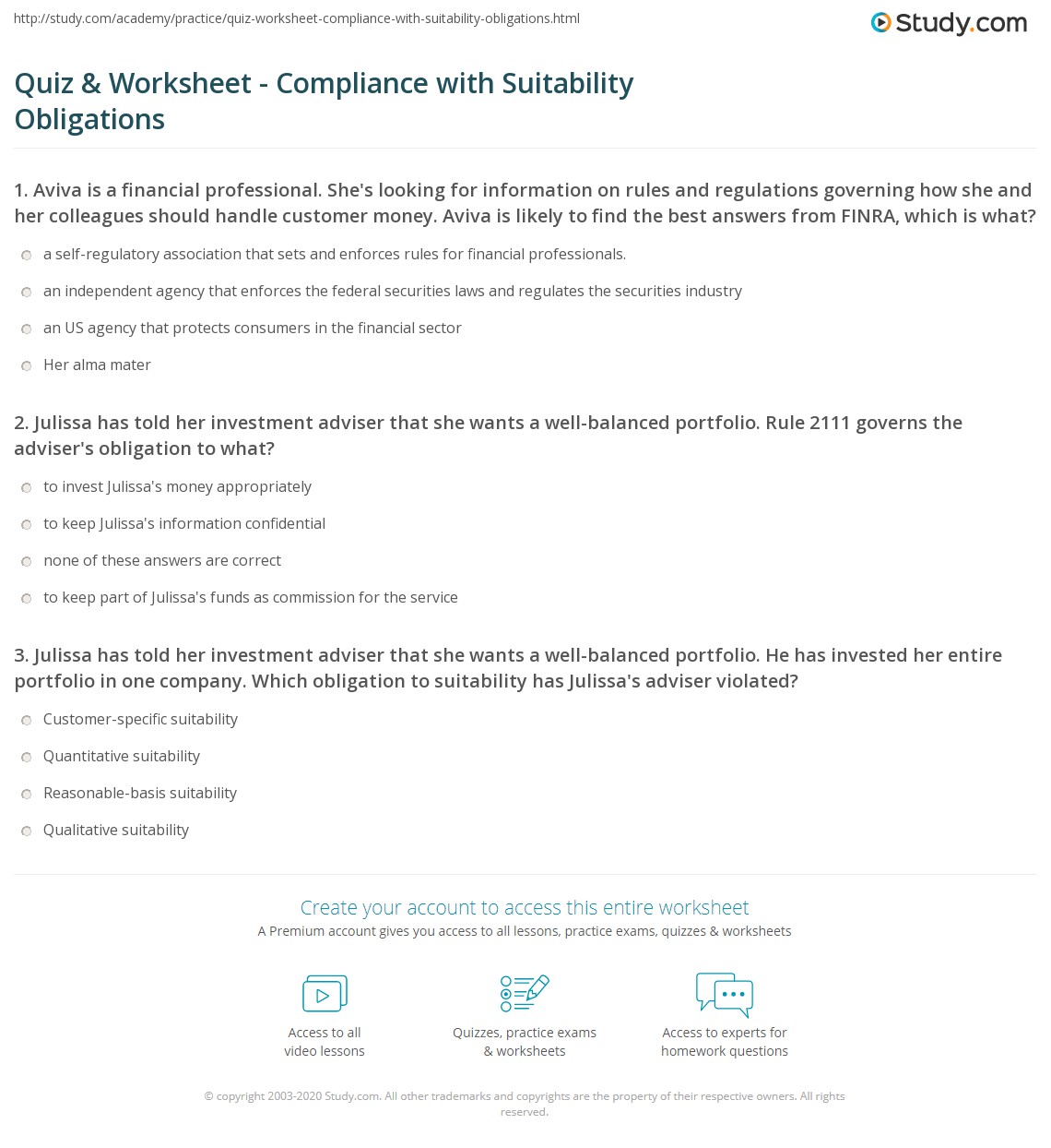Quiz & Worksheet - Compliance with Suitability Obligations | Study.com