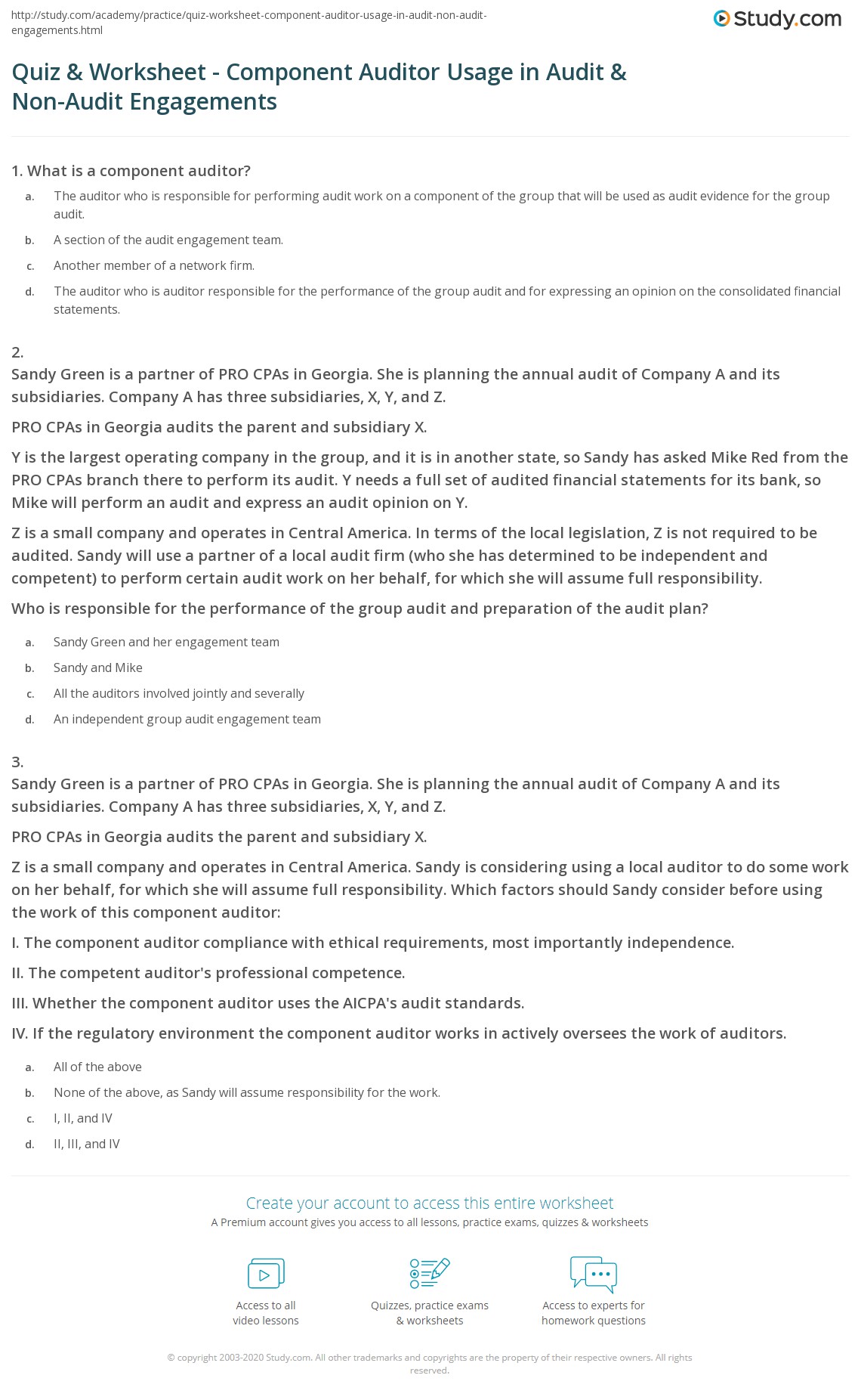 Quiz & Worksheet - Component Auditor Usage in Audit & Non-Audit ...