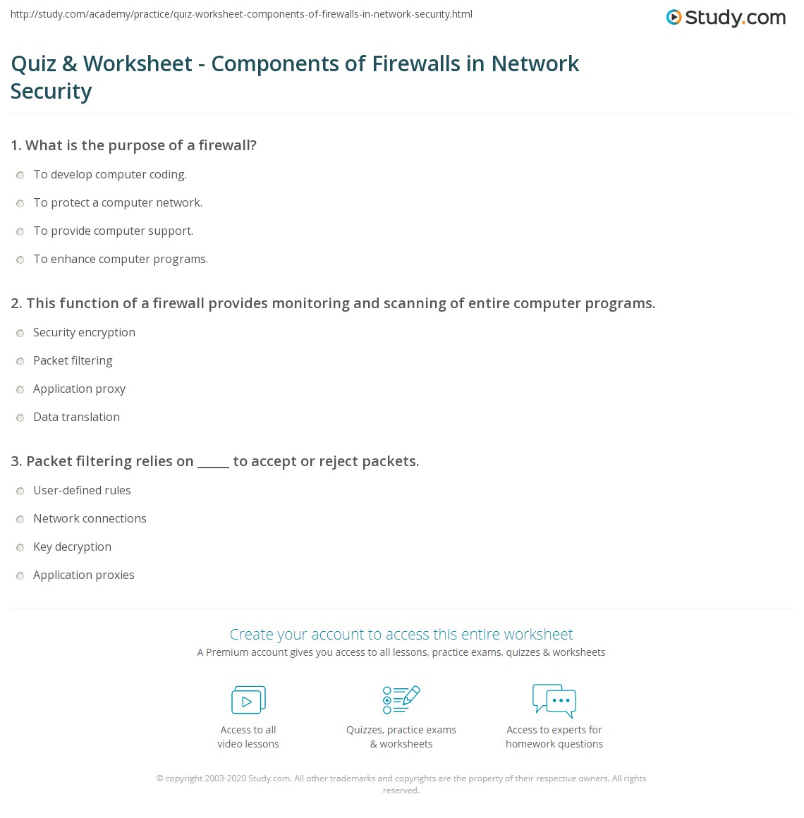 Quiz & Worksheet - Components of Firewalls in Network Security | Study.com