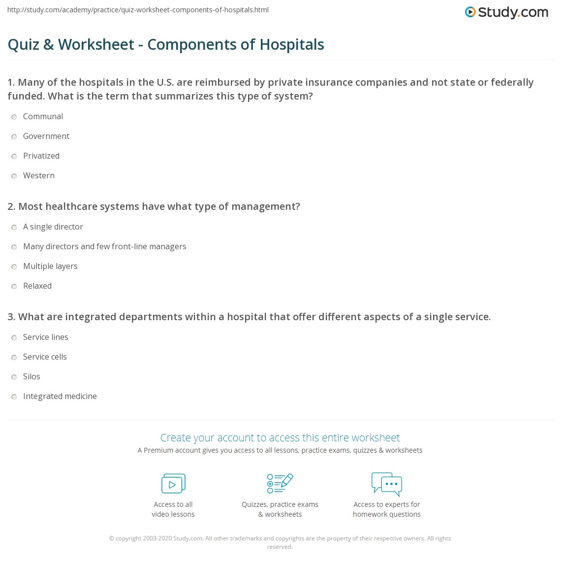 Quiz & Worksheet - Components of Hospitals | Study.com