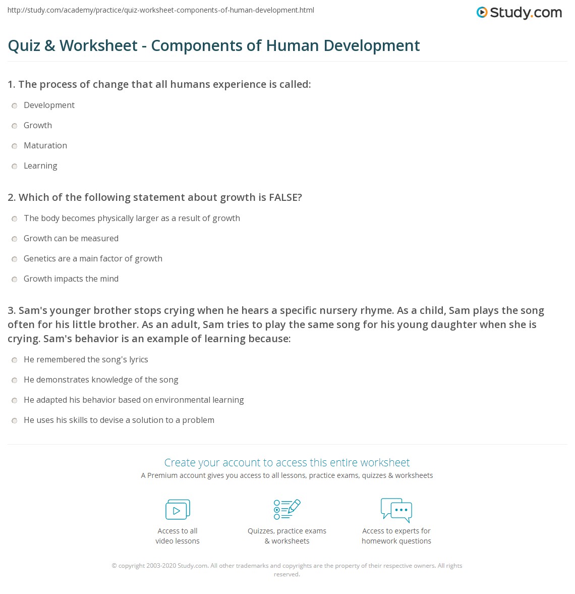 Quiz & Worksheet - Components of Human Development | Study.com