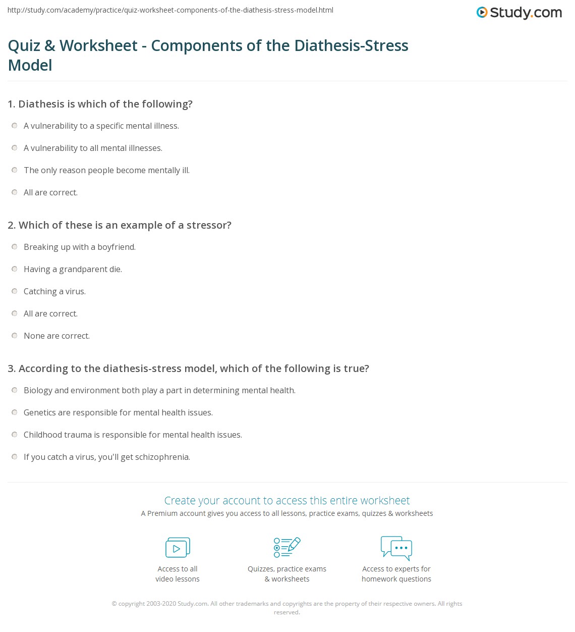 Quiz & Worksheet - Components of the Diathesis-Stress Model | Study.com