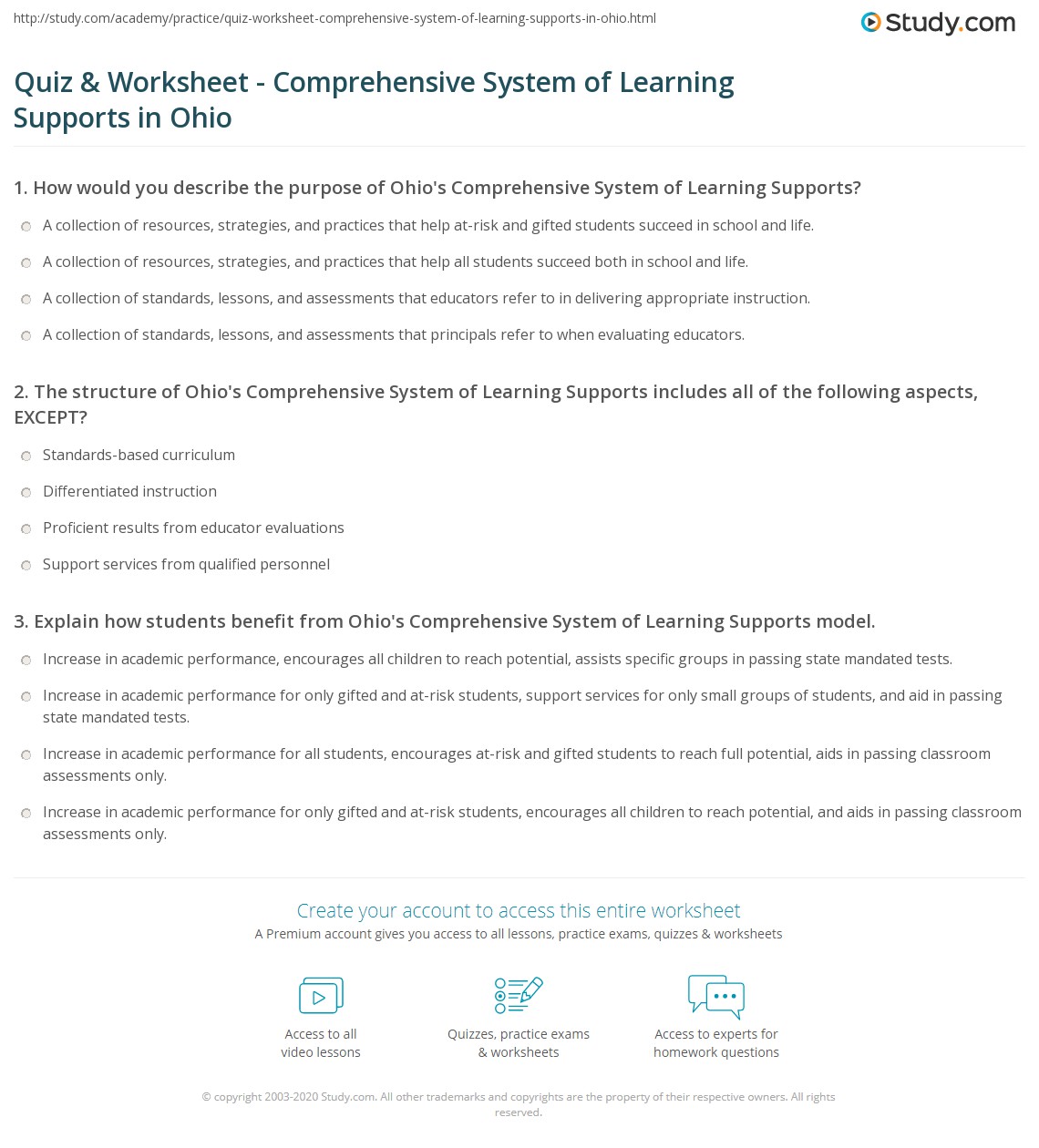 Quiz & Worksheet - Comprehensive System of Learning Supports in Ohio ...