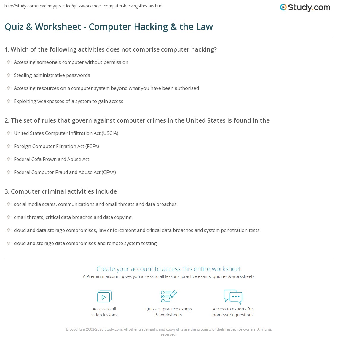 Quiz & Worksheet - Computer Hacking & the Law | Study.com