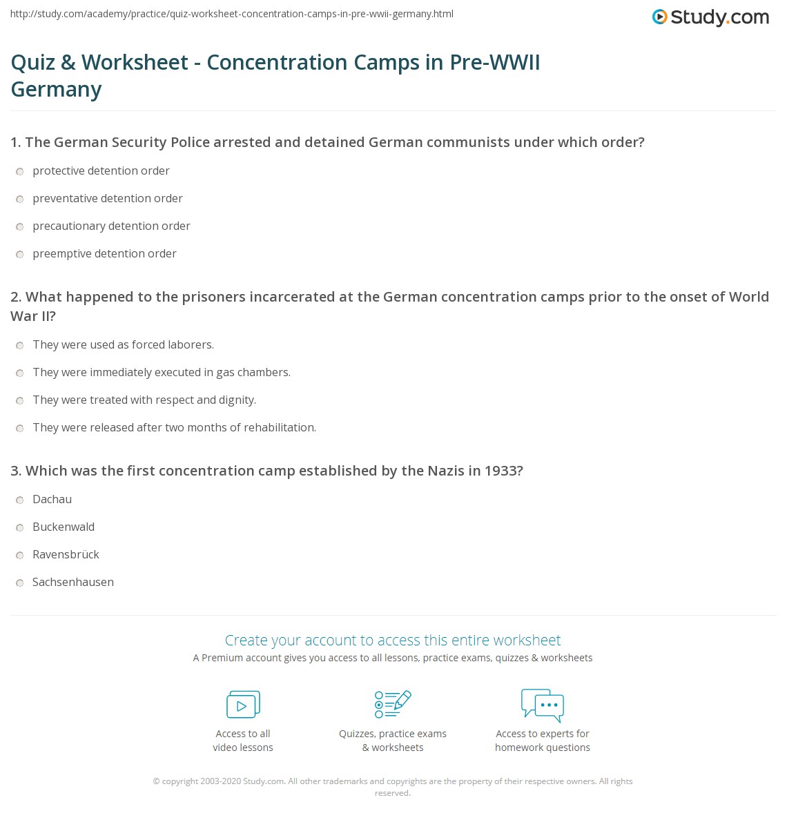 Quiz & Worksheet - Concentration Camps in Pre-WWII Germany | Study.com