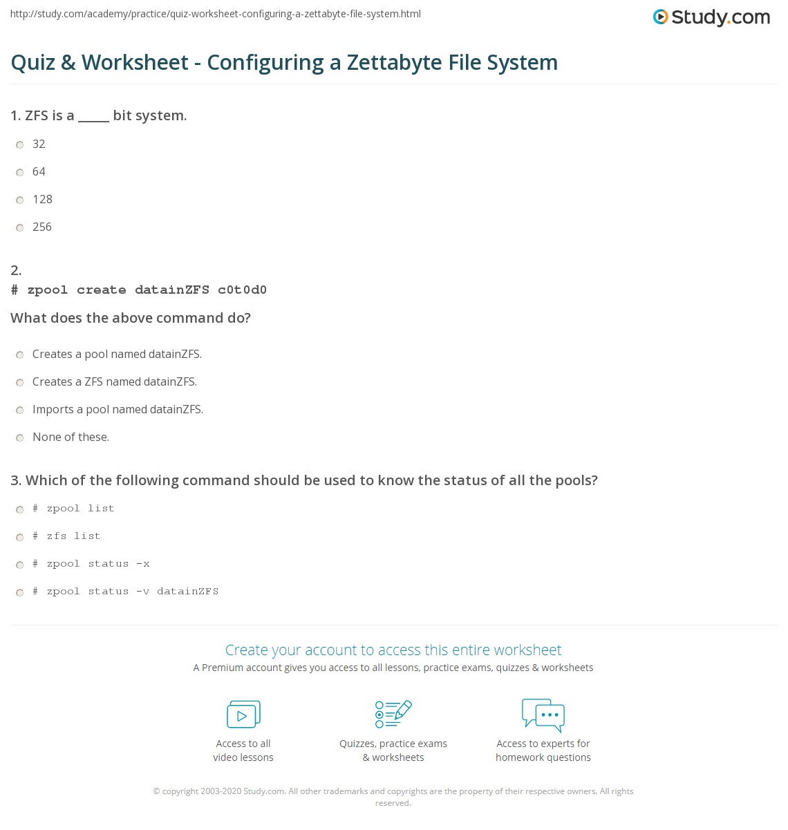 Quiz & Worksheet - Configuring a Zettabyte File System | Study.com