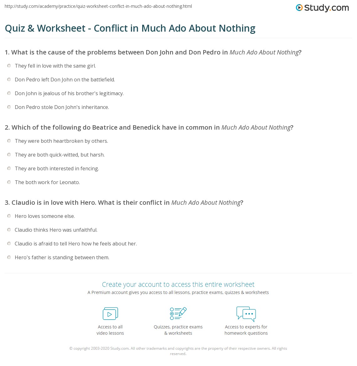 Quiz & Worksheet - Conflict in Much Ado About Nothing | Study.com