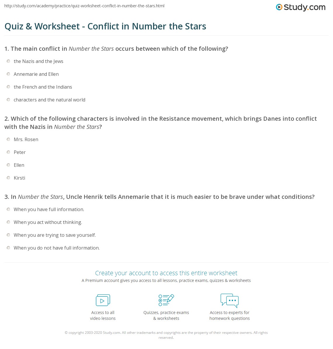 Quiz & Worksheet - Conflict in Number the Stars | Study.com