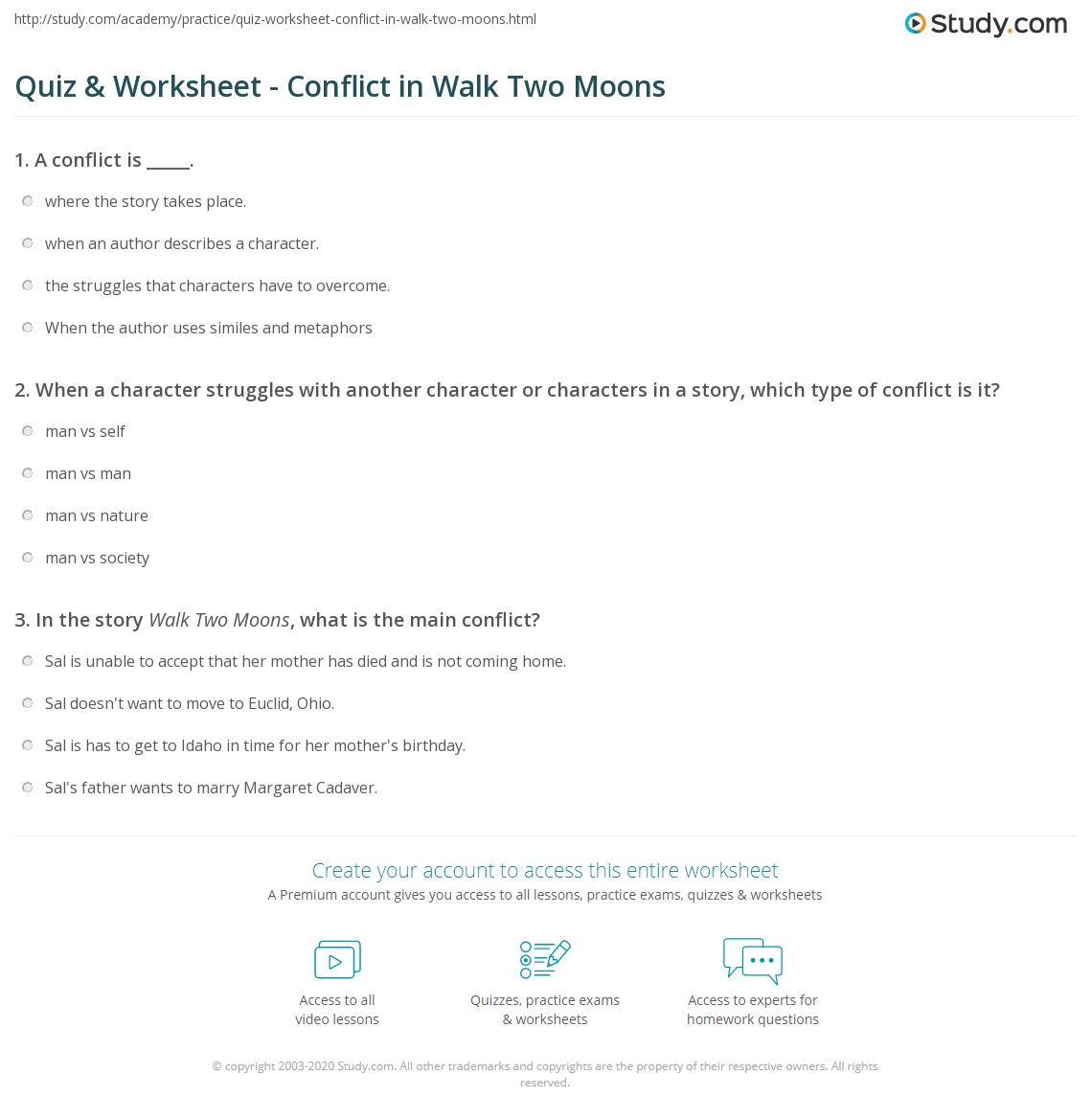 Quiz & Worksheet - Conflict in Walk Two Moons | Study.com