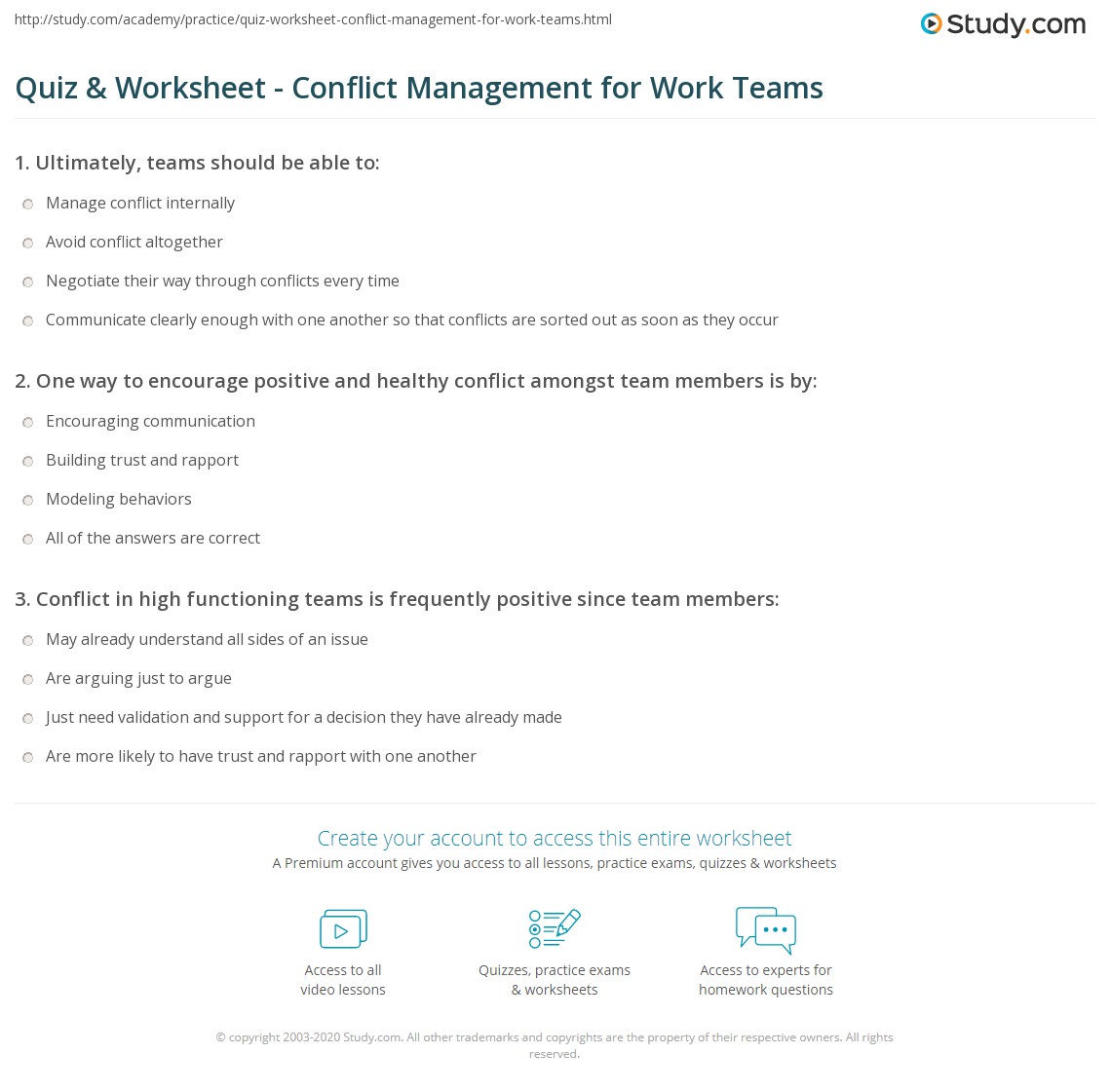 Quiz & Worksheet - Conflict Management for Work Teams | Study.com