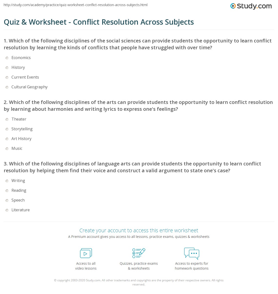 Quiz & Worksheet - Conflict Resolution Across Subjects | Study.com