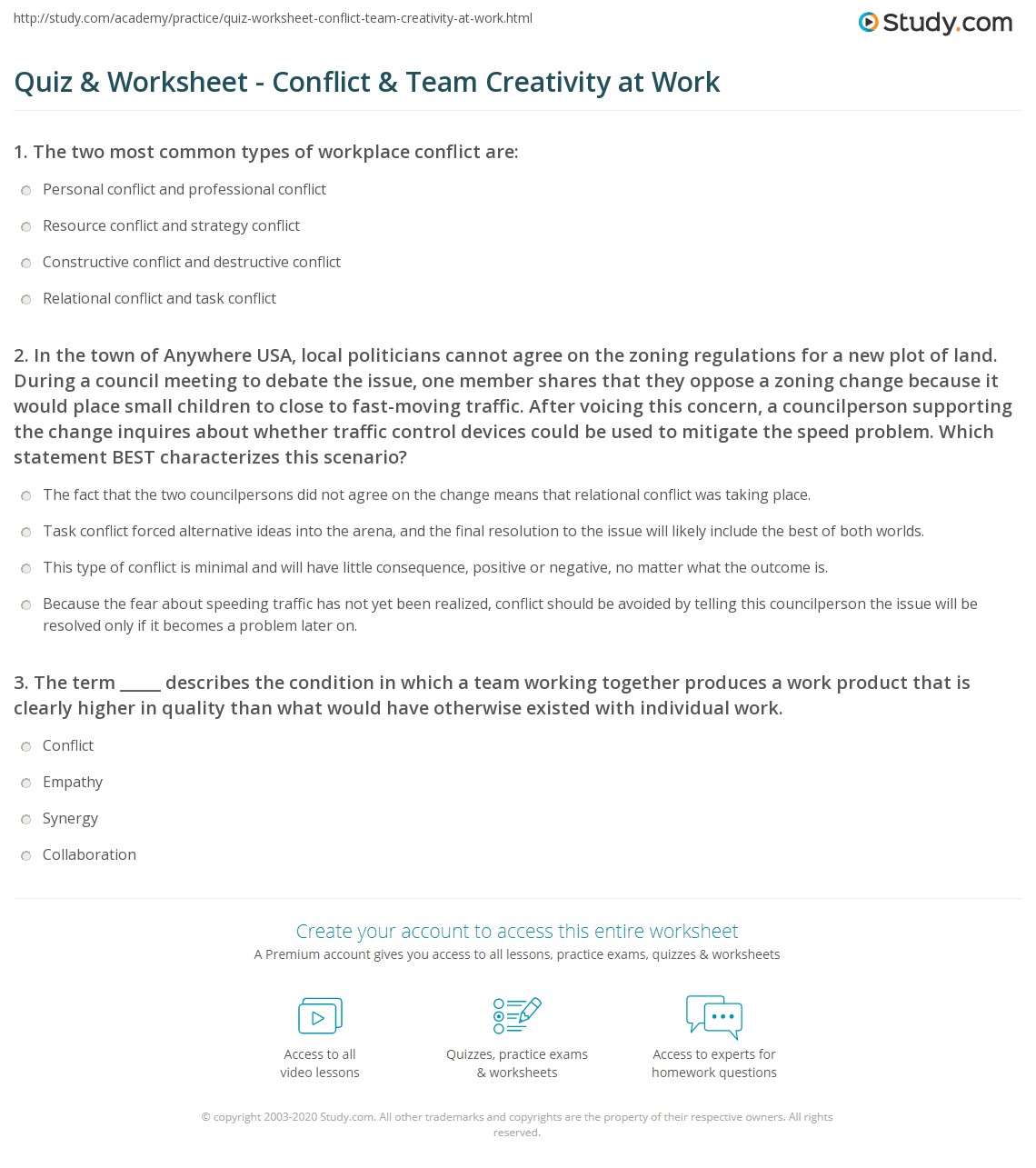 Quiz & Worksheet - Conflict & Team Creativity at Work | Study.com