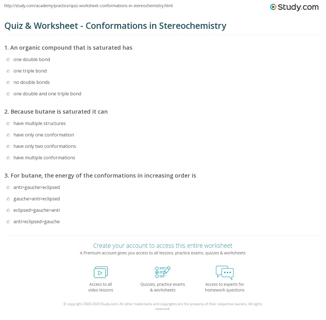 Quiz & Worksheet - Conformations in Stereochemistry | Study.com