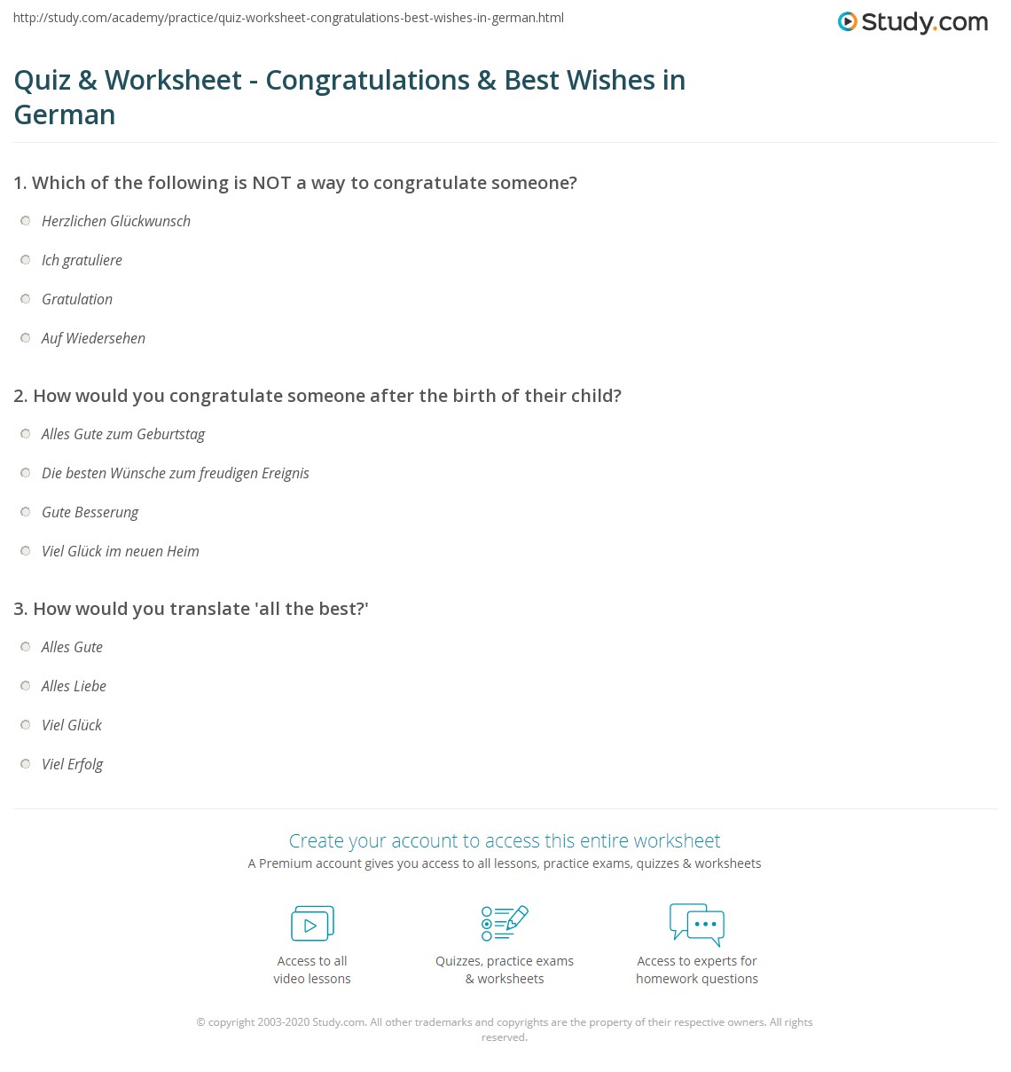 Quiz & Worksheet - Congratulations & Best Wishes in German | Study.com